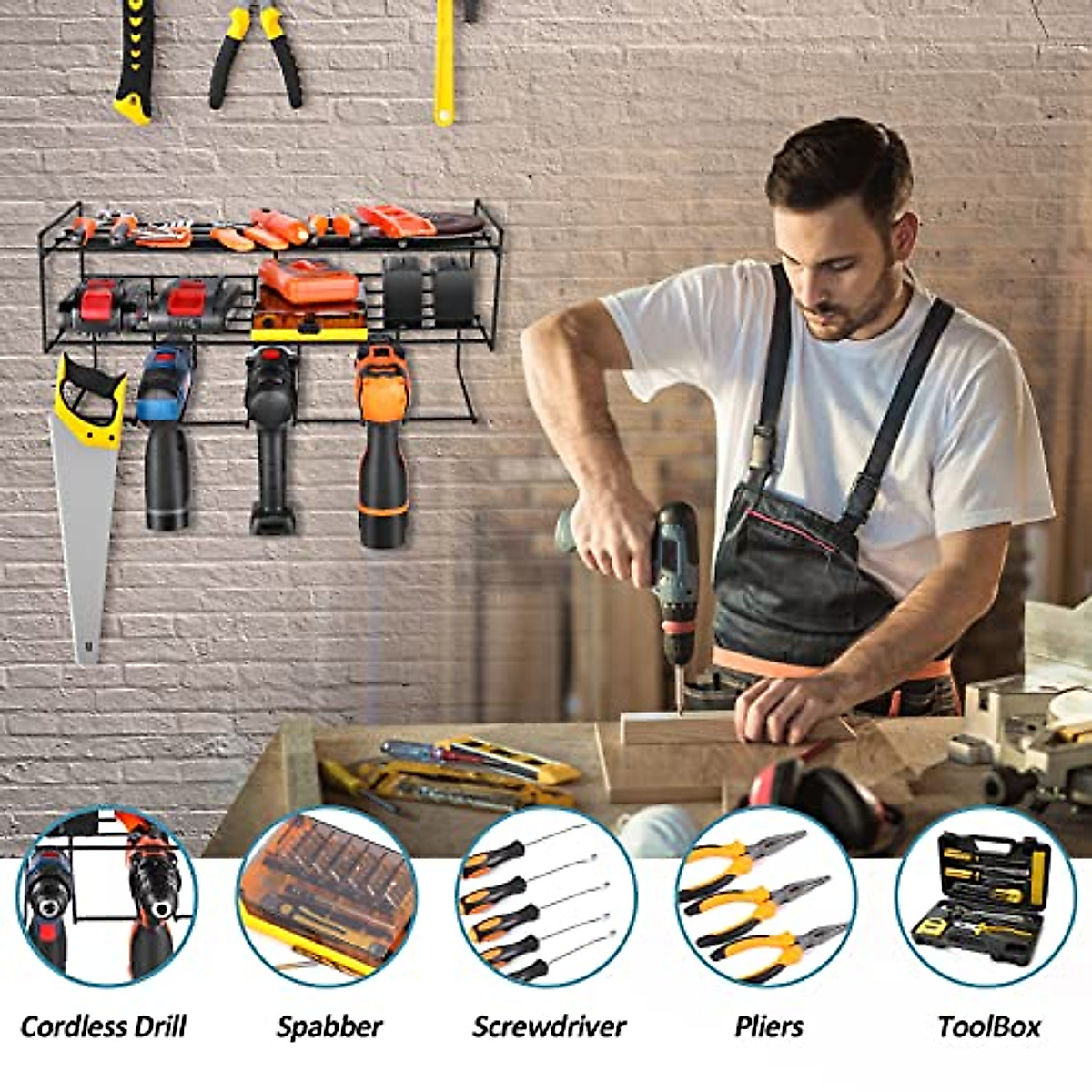 Soldow Power Tool Organizer Drill Storage Rack, Heavy Duty Floating Tool Shelf Wall Mounted, Cordless Drill Holder Hanging Steel Rack for Tools Storage Garage, Pegboard, Plank, Cement Wall