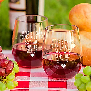 YouNique Designs 8 Years Anniversary Stemless Wine Glass for Her, 15 Ounces, Funny 8th Wedding Anniversary Wine Cup for Wife, Eight Years, Eighth Year