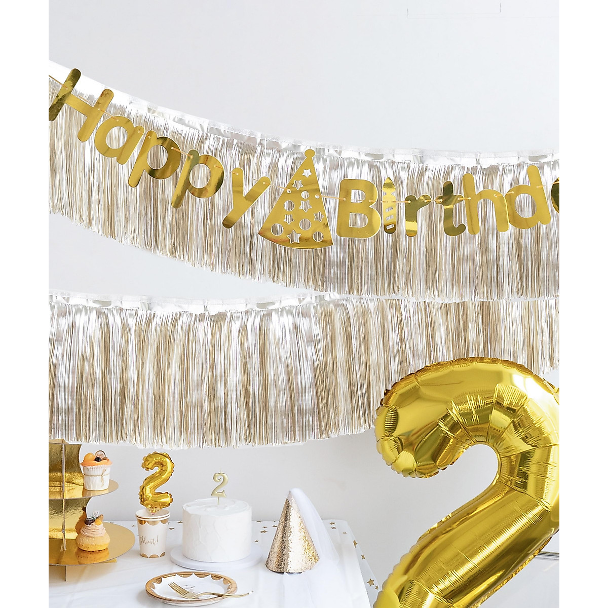 Premium Matte Champagne Gold Fringe Tassel Banner for Party Decoration -4 Layers Thick, 2 Pack | LILF Superior Tinsel Garland Party Streamer for Birthday Wedding Graduation Christmas Decoration