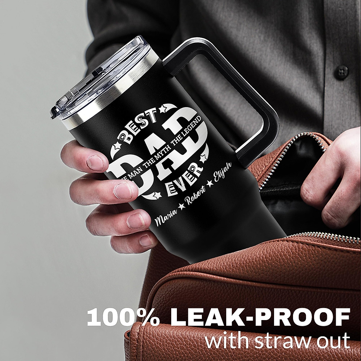 BMYDIY Personalized Fathers Day Birthday Gift for Dad, Customizable 40 Oz Tumbler with Handle Leak-proof Lid and Straw, Custom Extra Large Stainless Steel Insulated Cup/Coffee Mug/Travel Mug with Name