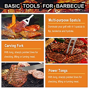 grilljoy 20PCS Heavy Duty BBQ Grill Tools Set - Extra Thick Stainless Steel Spatula, Fork& Tongs. Complete Barbecue Accessories Kit in Aluminum Storage Case - Perfect Grill Gifts for Men