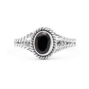 Cut Black Onyx Ethnic Vintage Gipsy Delicate Oval Ring 925 Sterling Silver Tribal Boho Chic (7)