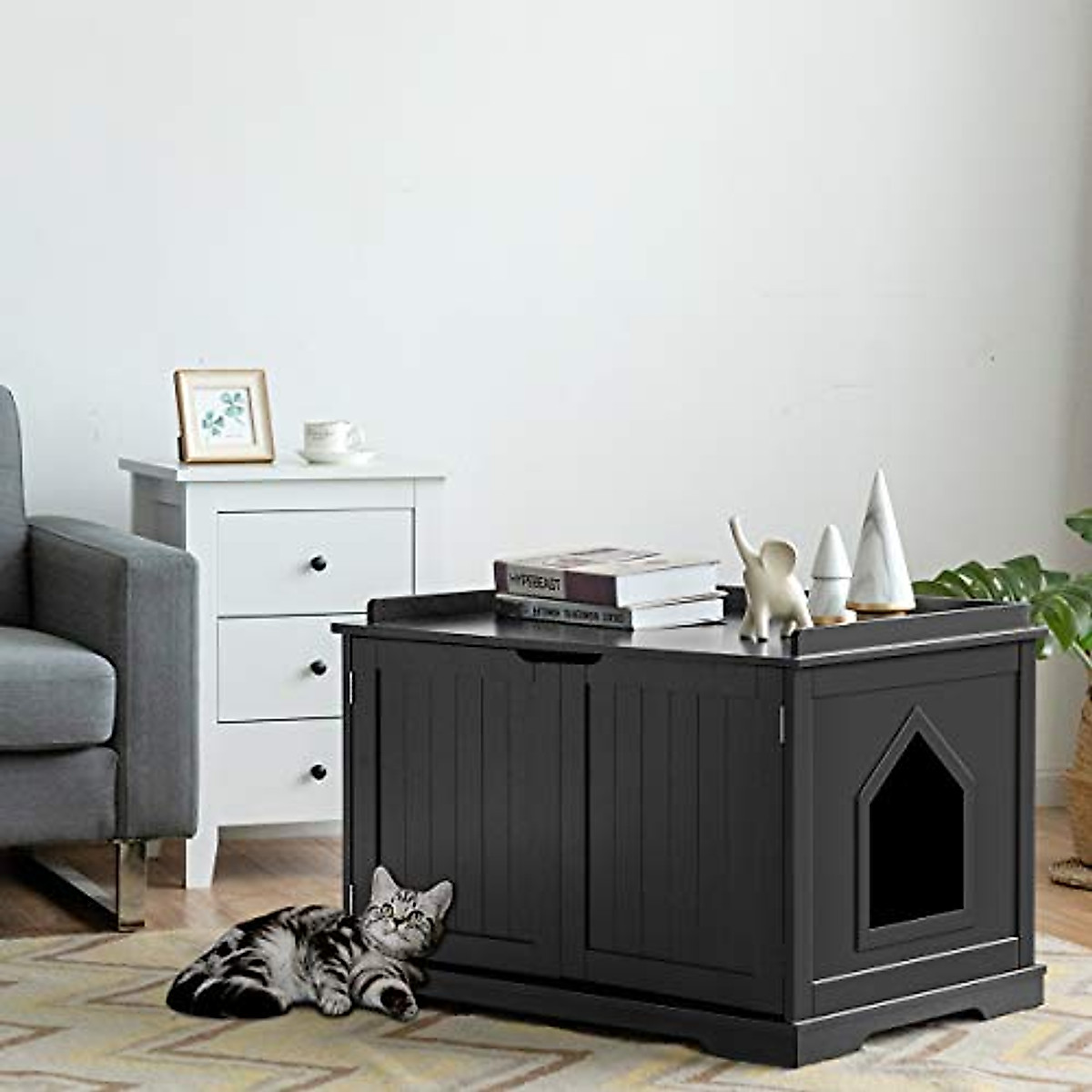 Tangkula Litter Box Enclosure, Cat Litter Box Furniture Hidden, Nightstand Pet House with Double Doors, Indoor Decorative Cat Box Cabinet, Cat Washroom Storage Bench for Large Cat Kitty