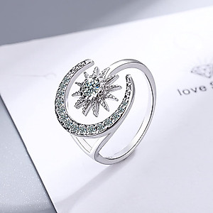 Izpack CZ Sun Moon Open Statement Ring Crystal Cubic Zirconia Crescent Moon Adjustable Finger Bands Promise Engagement Wedding Band Eternity Rings Minimalist Christmas Jewelry Gifts for Women Girls