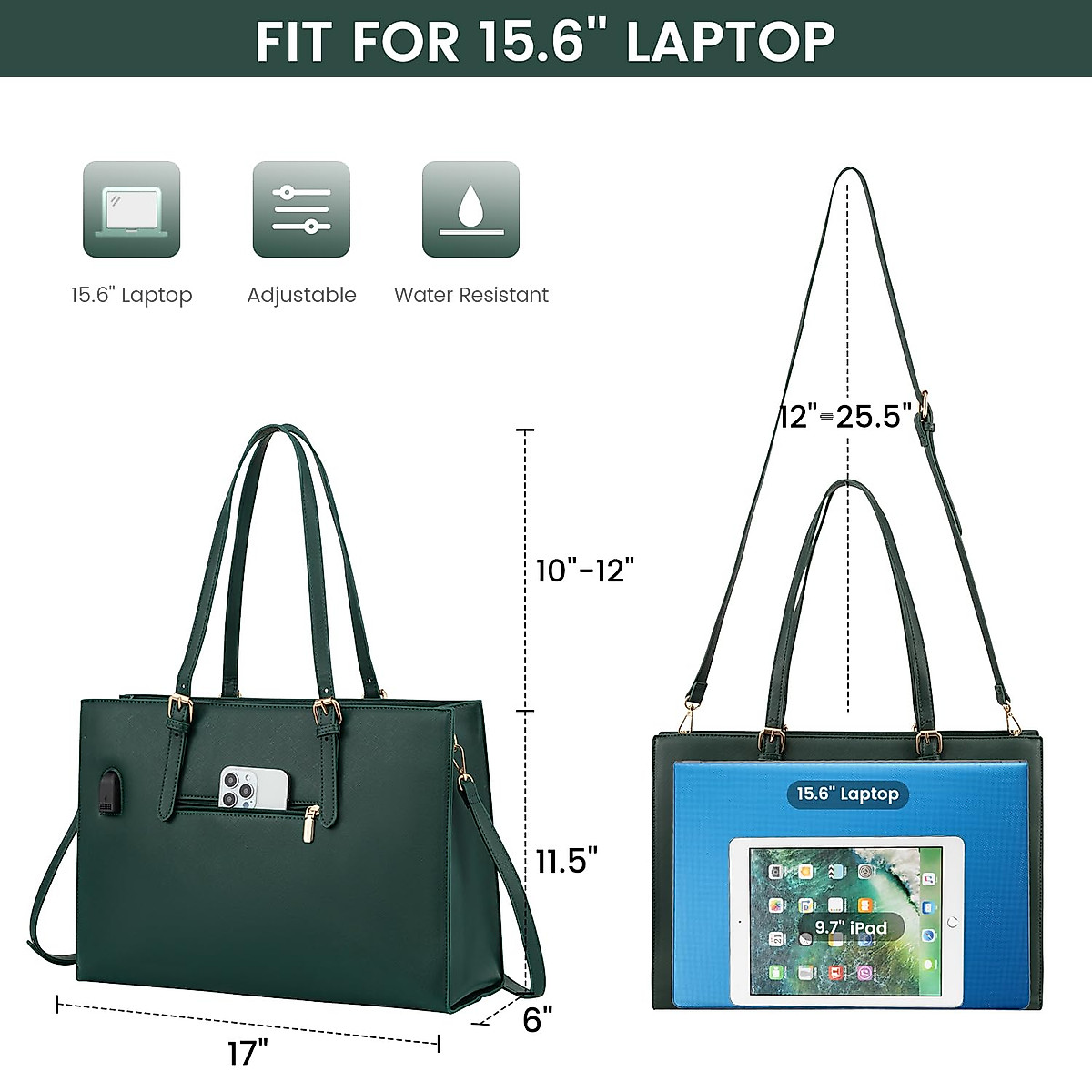 LOVEVOOK Laptop Bag for Women, Fashion Computer Tote Bag Large Capacity Handbag, Leather Shoulder Bag Purse Set, Professional Business Work Briefcase for Office Lady, 2PCs, 15.6-Inch, Deepgreen