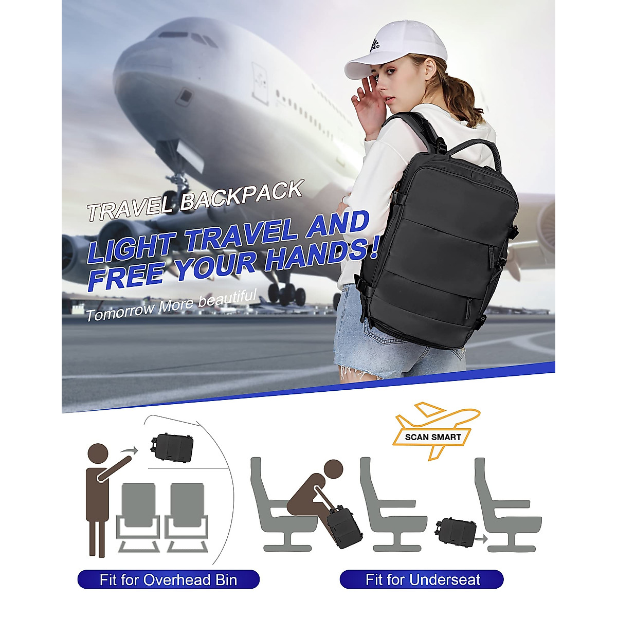 UPPACK Black Travel Backpack For Women Men Carry On Backpack Flight Approved Gym Bag With Shoe Compartment Hiking Waterproof Laptop Backpack College Essentials