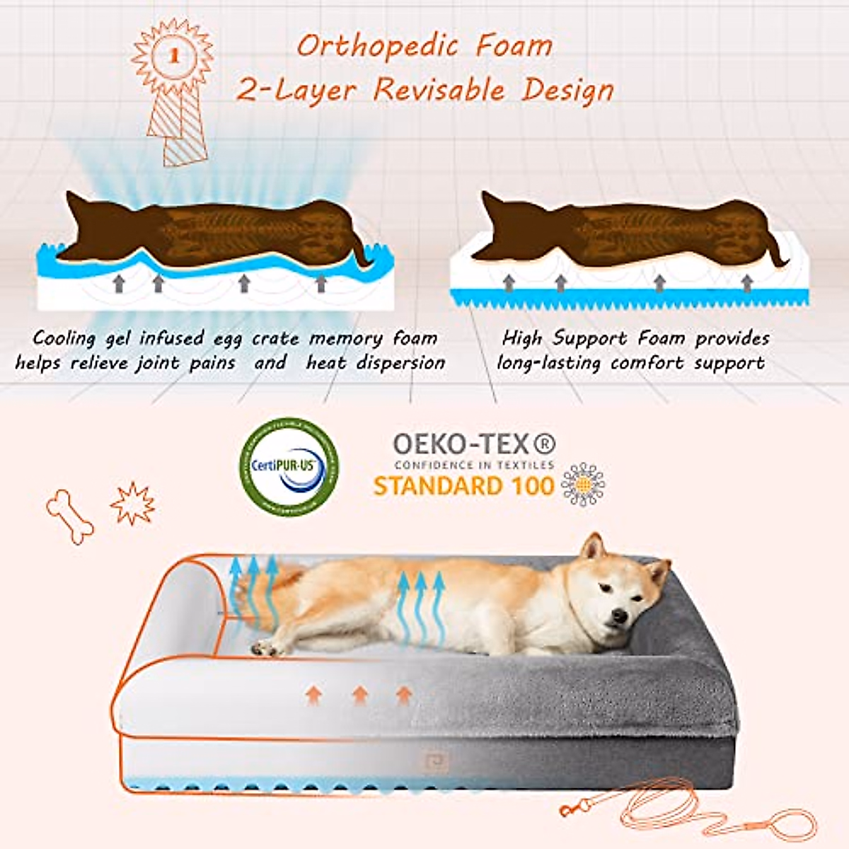 EHEYCIGA Memory Foam Orthopedic Dog Beds for Medium Dogs with 100% Foam Bolsters, Dark Grey, 30x24