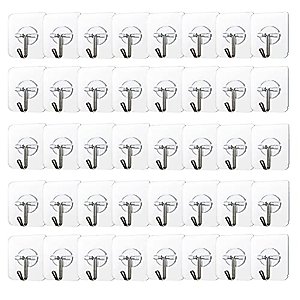 COLOGO 100 Pack Adhesive Hooks 24lb(Max) Heavy Duty Self Adhesive Hooks, Transparent Reusable Seamless Adhesive Wall Hooks for Kitchens, Bathroom, Office