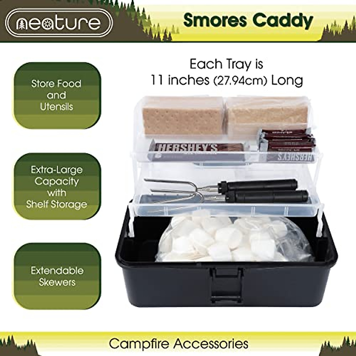 Neature Backyard Smores Kit - Black 13 x 7.9 x 5.9in Plastic Dessert Bonfire Accessories Caddy with Telescoping Skewers