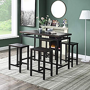 Bar Table and Chairs Set, Kitchen Dining Table Set, 5 Piece Dining Set Wood and Metal Pub Table with 4 Bar Stools, Dining Table Set Home Kitchen Breakfast Table (Espresso +Black)