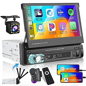 (Stable) Hikity Carplay Single Din Car Stereo, 7 Inch Flip Out Touch Screen Car Radio with Android Auto, Bluetooth, Mirror Link, Backup Camera, FM, USB, SWC, Voice Control Split Screen