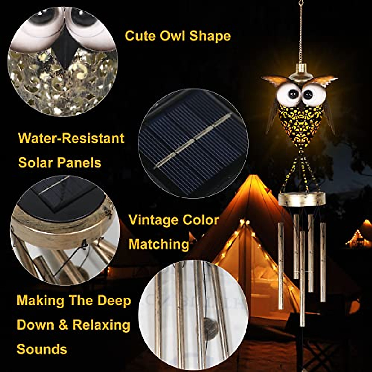 Sunwhale Owl Solar Wind Chimes for Outside Big Wind Chimes Indoor Hanging Outdoor Decor Metal Wind Warm LED Light Memorial Sympathy Gift with Metal Tubes Waterproof for Garden Yard Patio Lawn