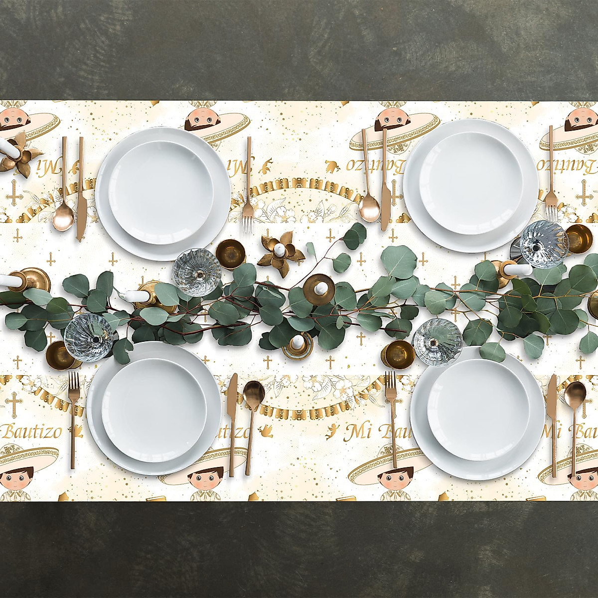 GREHUMOR Mi Bautizo Decoration-First Communion Tablecloth for Boy God Bless,Baptism Party Decoration Christening Party Supplies 2PC