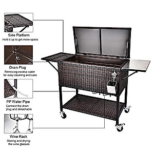 Top Union 80 Quart Rattan Rolling Cooler Cart, Portable Wicker Cooler Trolley, Backyard Party Drink Beverage Bar, Ice Chest with Wheels (Brown)