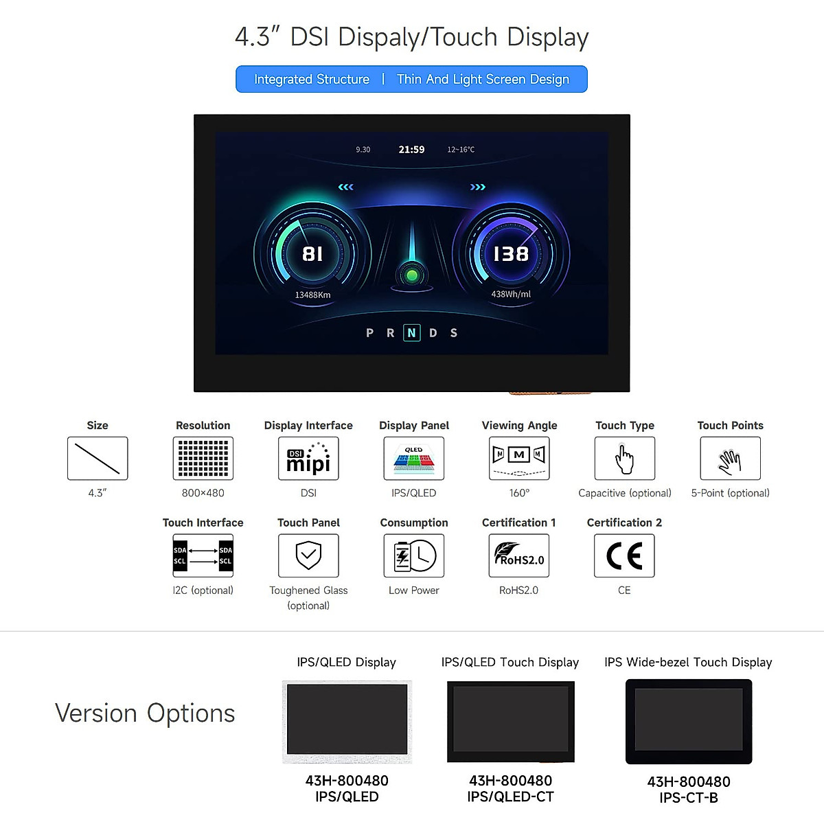waveshare 4.3inch DSI Display, 800 × 480 Resolution, IPS, Compatible with Raspberry Pi 4B/3B+/3A+/3B/2B/B+/A+, CM3/3+/4, Touch Version