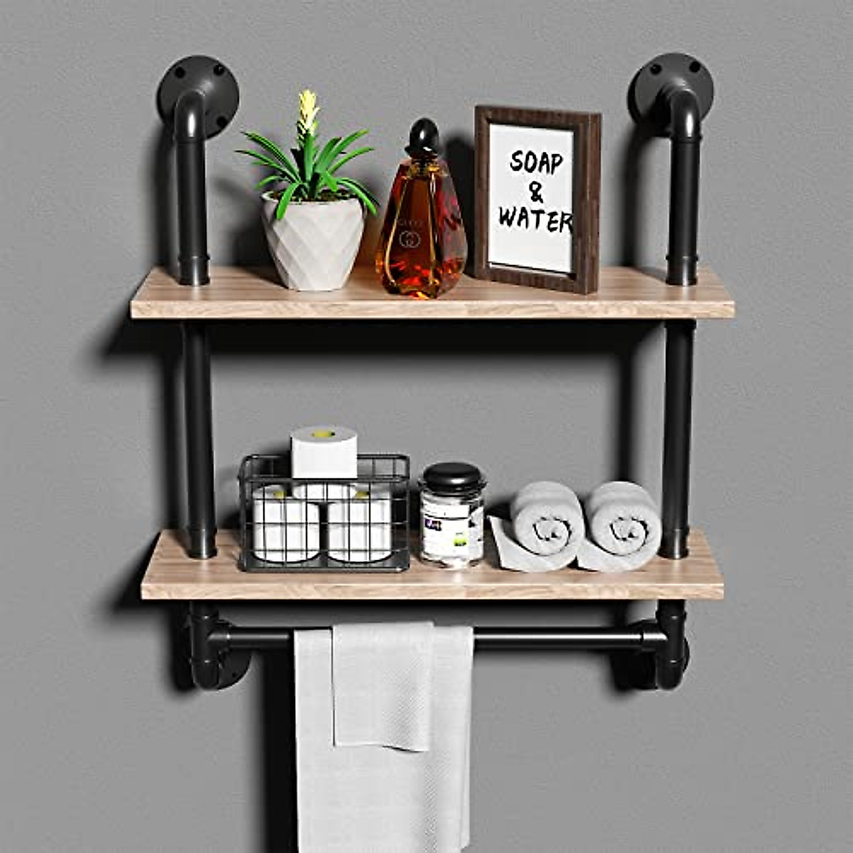 SDMETEI 24 Inch Industrial Pipe Shelf Bathroom Shelves, Rustic Wood Shelf with Towel Bar 2 Tier Farmhouse Industrial Pipe Shelving Towel Rack Over Toilet for Storage