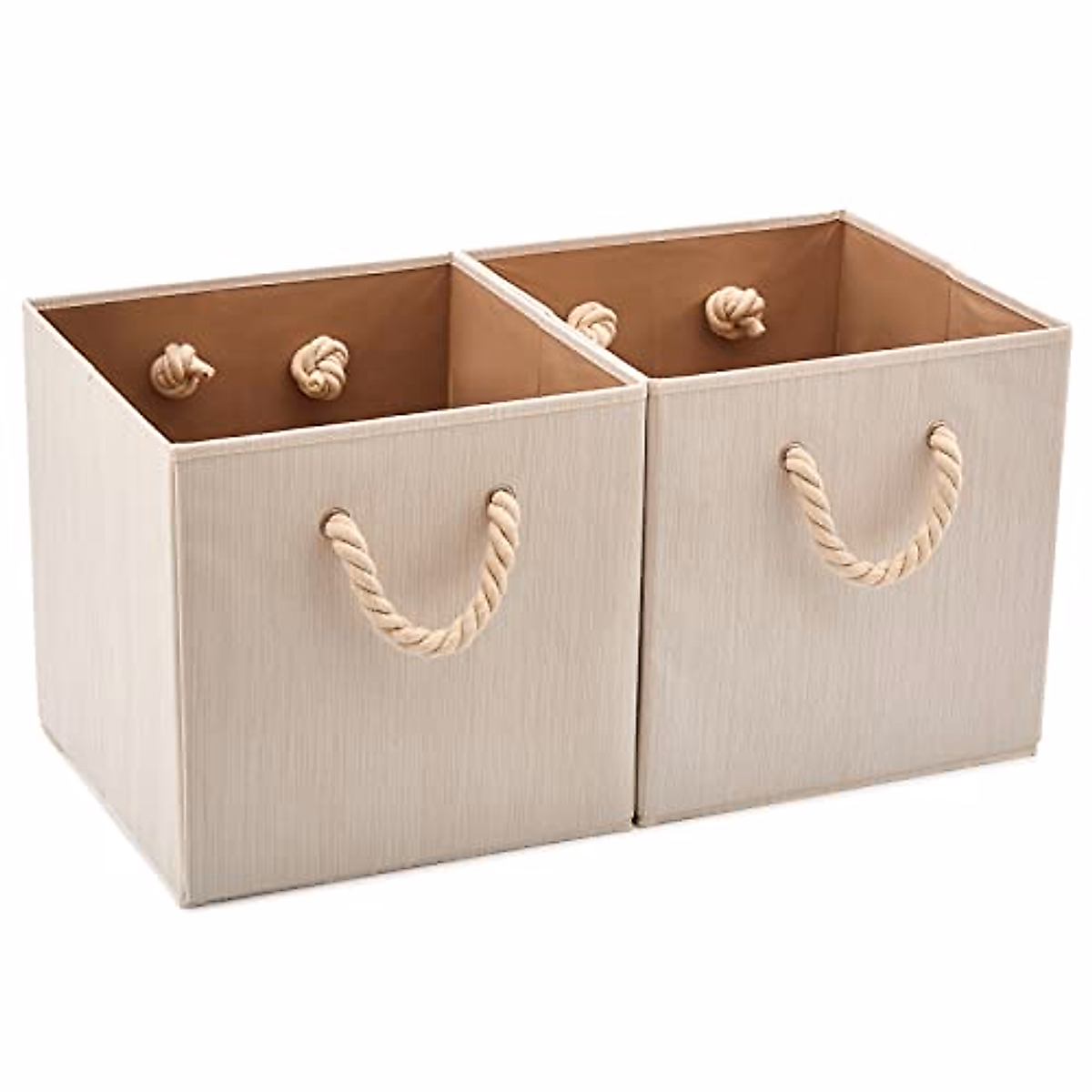 EZOWare Foldable Bamboo Fabric Storage Bin with Cotton Rope Handle, Collapsible Resistant Basket Box Organizer for Shelves, Closet, and More (Set of 2, Beige)