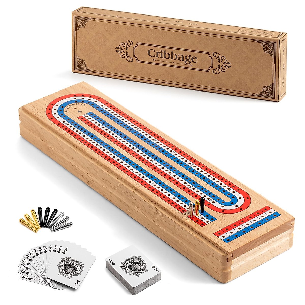 Ceebyfa Cribbage Board Game Set with Large Storage Area, Solid Wood 3 Track Cribbage Board, 9 Metal Pegs, 2 Playing Cards and Instruction. Portable Travel Board Game for All Ages.