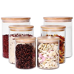 Tzerotone Glass flour Jars with Airtight Lids, 6 Pack Sugar and Flour Salt Containers Set, Extra Large Glass Rice Jar with Bamboo lid for Kitchen, Brown Suger, Beans, Groub Coffee (100OZ/54OZ/27OZ)
