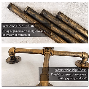 THRONKENGER Industrial Coat Rack, Metal Pipe Coat Rack Stand Freestanding with 6 Hooks, Heavy Duty Coat Tree Sturdy Coat Racks for Entryway, Hallway, Bedroom (Vintage gold)