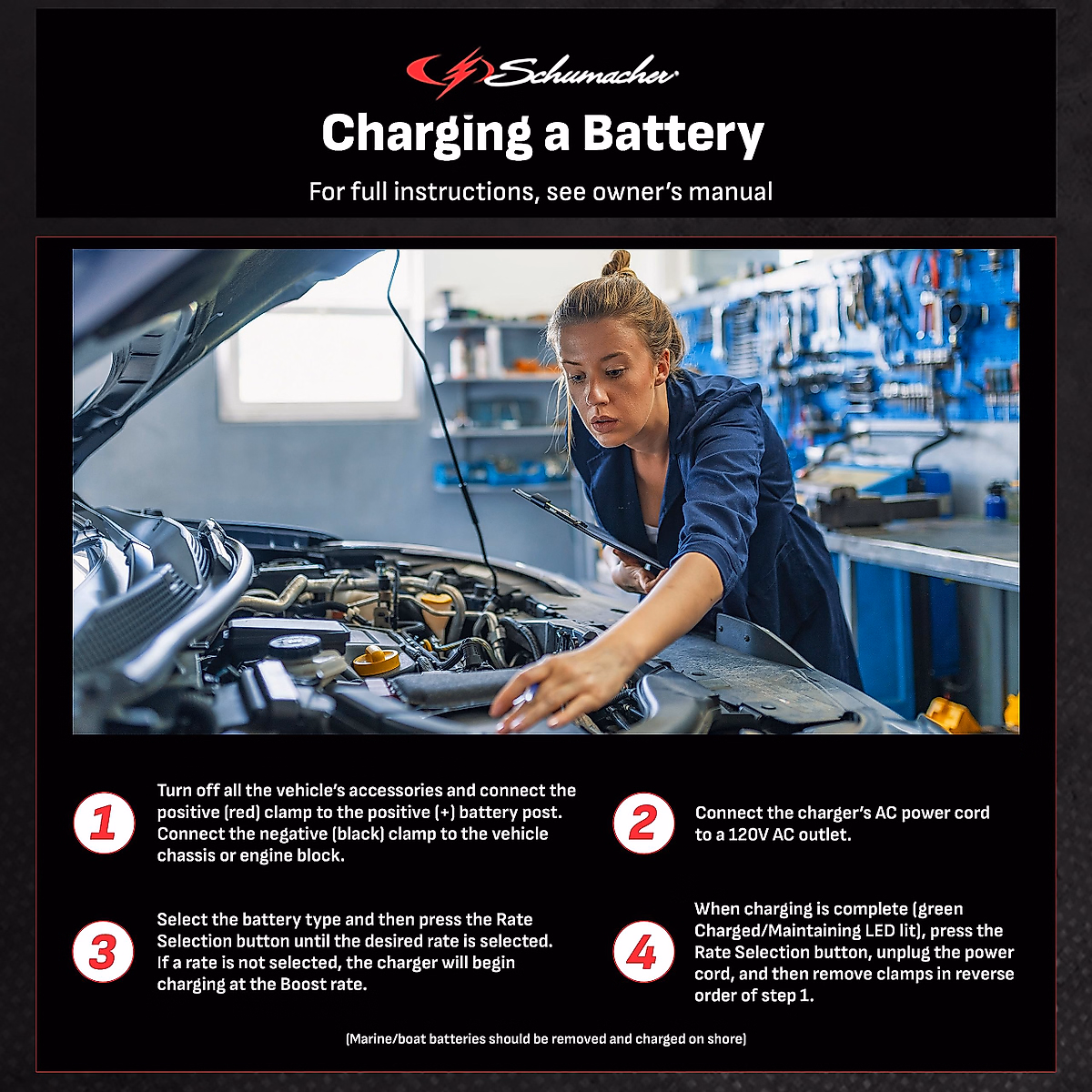Schumacher Electric SC1308 Fully Automatic Jump Starter & Battery Charger for Motorcycle, Power Sport, Lawn Tractor, Car, SUV, Truck & Boat Batteries, 100 Cranking Amps, 6-Volt, 12-Volt, Black, 1 unit