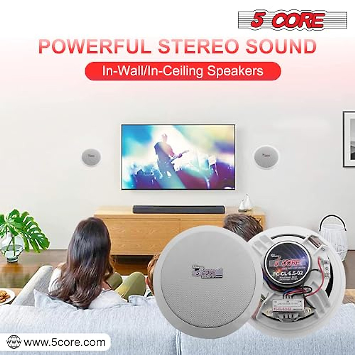 5 CORE 6.5” Inch Outdoor Indoor in Ceiling Speaker, Flush Mount in Wall Universal Speakers Waterproof for Paging Restaurant, Placement, Covered Porches CL 6.5-12 2W 6PCS