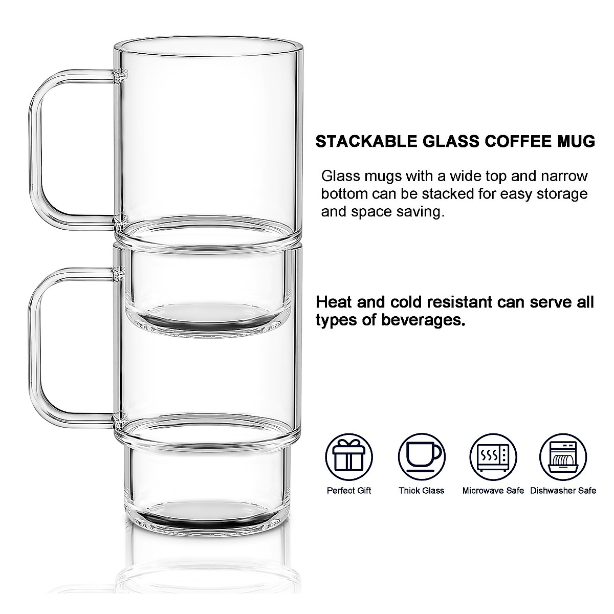 Aquach Glass Mug 22 Ounces 2pcs Stackable Clear Coffee Tea Juice Cup Drinking Glasses