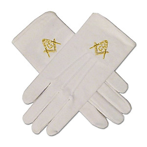 Gold Square & Compass Masonic Embroidered Cotton Gloves - [White]