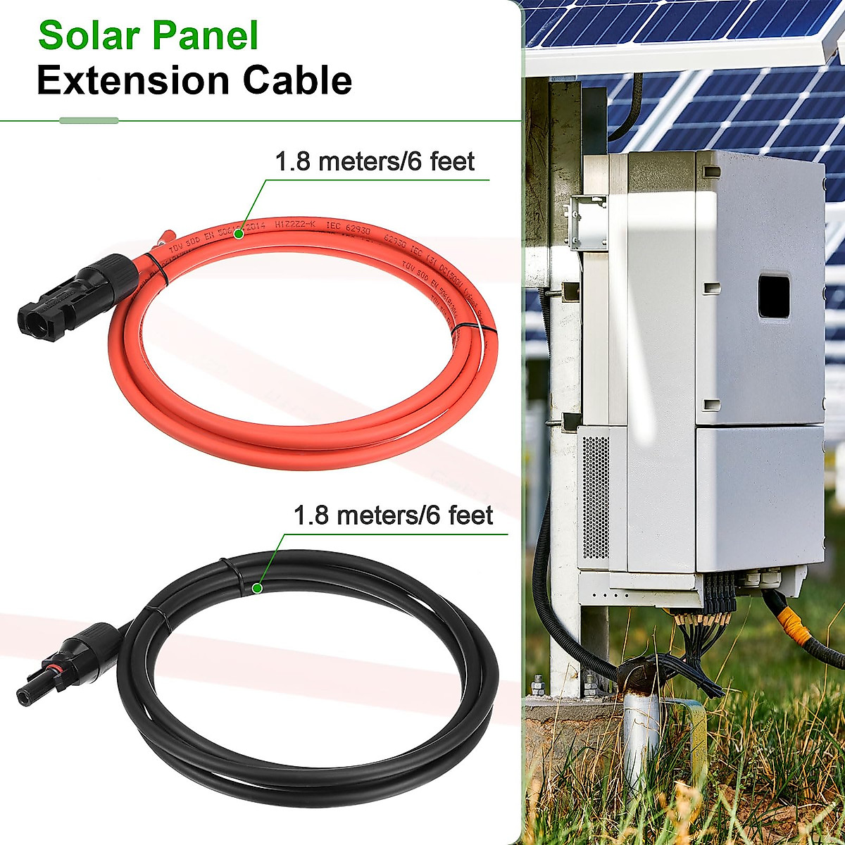 MECCANIXITY Solar Panel Wire 6ft 10 AWG 6mm2 Solar Cable Tinned Copper Wire with Female and Male Connector Black Red for RV Boat Marine Solar Panel