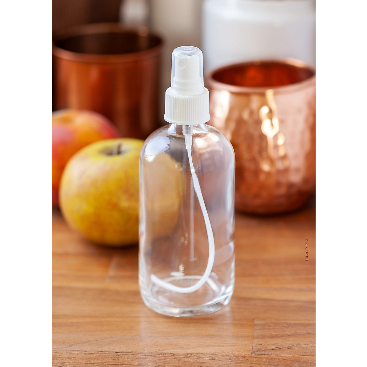 JUVITUS 8 oz Clear Boston Round Thick Plated Glass Bottle with White Fine Mist Spray (2 Pack)