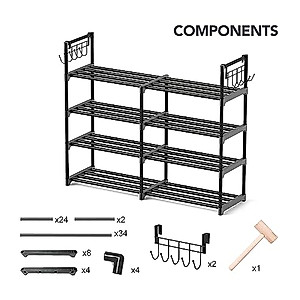 MOCINE 4-Tier Shoe Rack, Black Metal Shoe Racks, Stackable Shoe Shelf with Multifunctional Hooks, Hold 20 Pairs, Space saving shoe rack, Shoes rack for closet,