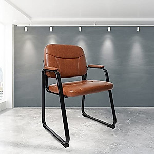 CLATINA Reception Chair with Sled Base and Bonded Leather Padded Armrests, Modern Style Guest Chair for Office Meeting Waiting Room Conference Desk, Brown (4 Pack)