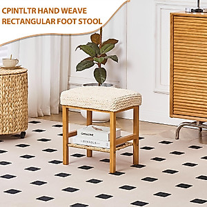 Cpintltr Foot Stool Natural Seagrass Hand Weave Poufs Square Ottoman Bench Modern Dressing Stool Small Stool Side Table Footstool with Wood Legs Vanity Stool for Bathroom Living Room Natural White