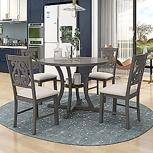 Lepfun 5 Piece Round Table Set 4 with Special-Shaped Legs and an Exquisitely Designed Hollow Chair Back in The Dining Room (Grey)
