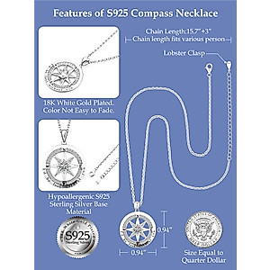 S925 Sterling Silver Compass Necklaces for Women Teen Girls I'd be Lost without You 5A Cubic Zirconia 18K White Gold Plated Jewelry