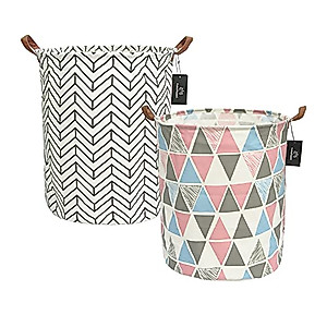 Collapsible Laundry Basket - GodenMoninG 2X 62.8L Large Sized Round Waterproof Storage Bin with Leather Handles,Home Decor,Toy Organizer,Children Nursery Hamper.（2 PACKS，Colorful Triangle & THICK Flow Mark）