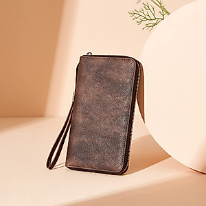 Telena Leather Wallets for Women Slim Zip Around Wristlet Clutch Purse Large Phone Holder Retro Coffee