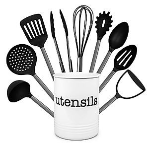 Country Kitchen 10 Piece Nylon Cooking Utensil Set with Holder, Kitchen Tools and Gadgets with Rounded Gunmetal Handles - Black