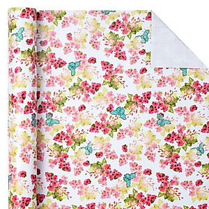 WRAPAHOLIC Lagre Floral Wrapping Paper Roll - Glitter Floral Butterfly Wrapping Paper for Wedding, Women Birthday, Mother's Day, Valentine's Day - 30 inch x 16.5 feet