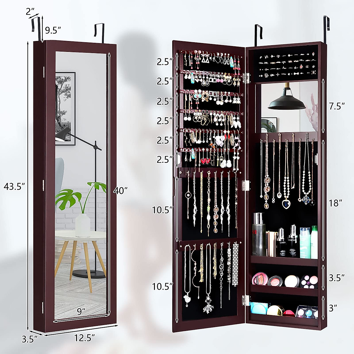 COSTWAY Full Length Mirror Jewelry Cabinet, Wall Door Mounted Jewelry Organizer with Makeup Mirror, Ring Slots and Necklace Hooks, Large Storage Jewelry Armoire for Bedroom, Dressing Room (Brown)