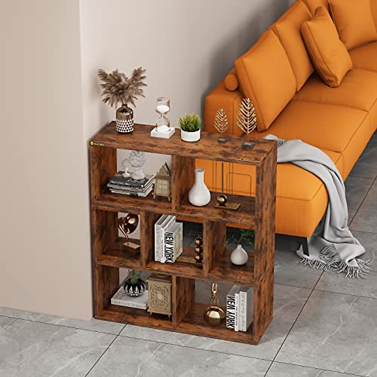 ALISENED 7-Cube Storage Shelf Organizer Bookshelf System, Modern Bookcase Open Standing Book Shelving Cabin, Wooden Bookshelf Display Cube Shelves Compartments