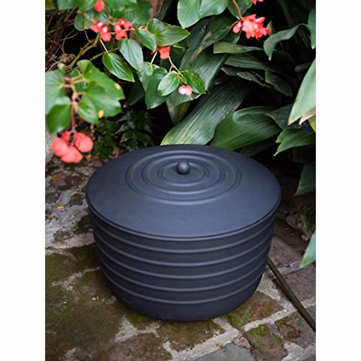 Gardener's Supply Company Garden Hose Pot with Lid | Matte Black Low Carbon Steel Watering Hose Storage with Hose Access Port | for Outdoor Garden, Backyard, & Patio | Holds 100ft Hose