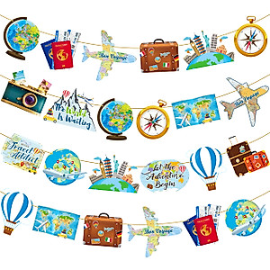 4pcs Travel Theme Party Banners Adventure Awaits Party Decorations Let The Adventure Begin Bon Voyage Map Theme Banners for Around The World Party Graduation Farewell Retirement Party Supplies