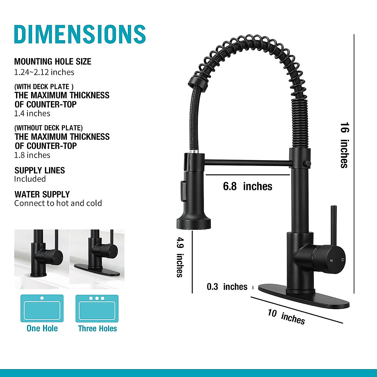 DJS Kitchen Faucets with Pull Down Sprayer Matte Black -【Dual Mode Setting】Single Handle 1 or 3 Holes Commercial Spring Kitchen Sink Faucet with Deck Plate for Farmhouse RV Vessel Basin