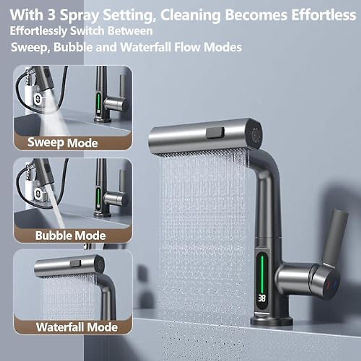 BARROCK Waterfall Bathroom Faucets with Pull Down Sprayer, Modern Pull Out Bathroom Sink Faucet with Digital Temperature Display, Height Adjustable Basin Mixer Tap No Battery Needed, Gun Grey