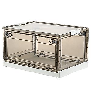 56 Quart Collapsible Storage Bins with Lids, Clear Stackable Lidded Storage Box with Wheels, Plastic Storage Container with 2 Doors, Storage Organizer with Attached Lid (Extra Large, Brown)