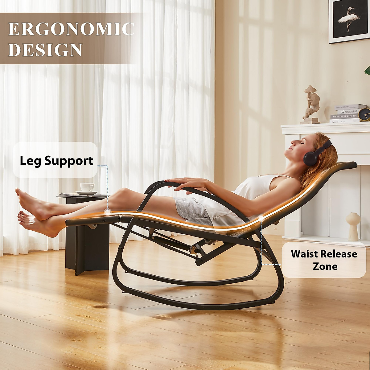 Patio Rocking Chairs with Armrest&Pockets Rocker Lounger with Removable Cotton Pads Suitable for Patio, Garden and Lawn (Black)