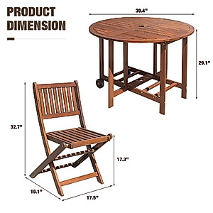 Devoko 5 PCS Patio Furniture, Patio Dining Set Acacia Wood Outdoor Table and Chairs, with 4 Folding Chairs and 37" Round Movable Table, Outdoor Dining Set for Lawn, Balcony, Garden