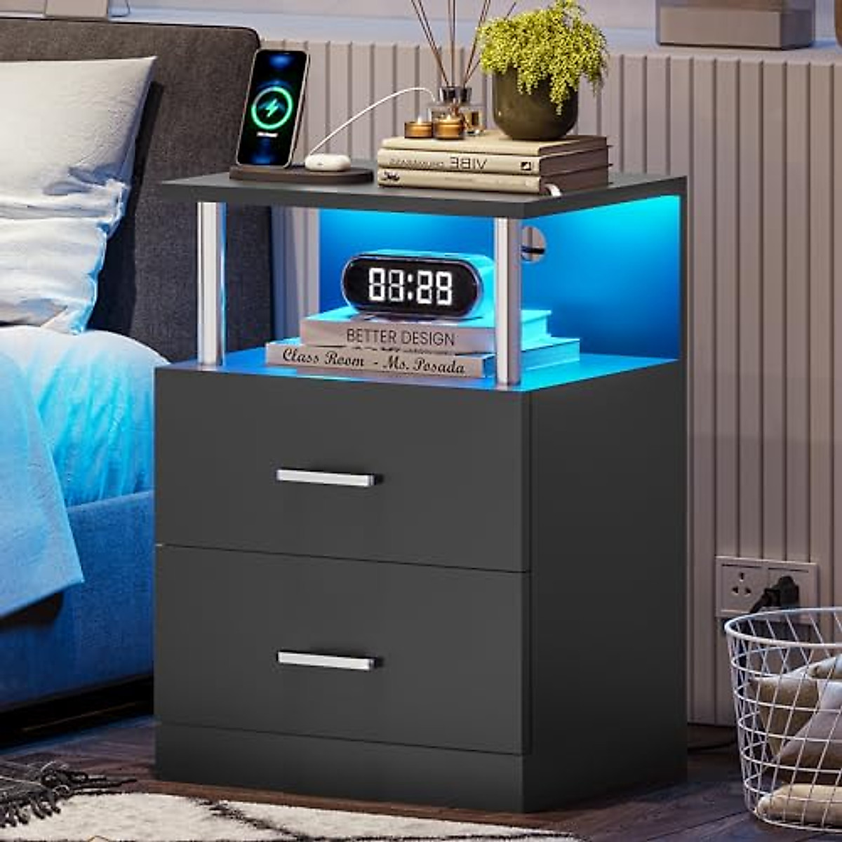 VIAGDO LED Nightstand with Charging Station and USB Ports, Black Night Stand with 2 Drawers, Modern End Side Tables with Open Storage, Bedside Tables for Bedroom, Office