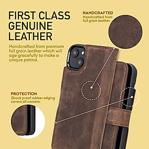 Bayelon Case for iPhone 14, Full Grain Leather Wallet Case, [2in1], Detachable Magnetic Flip Cover with Card Slots, Kickstand, MagSafe Compatible (Dark Brown)